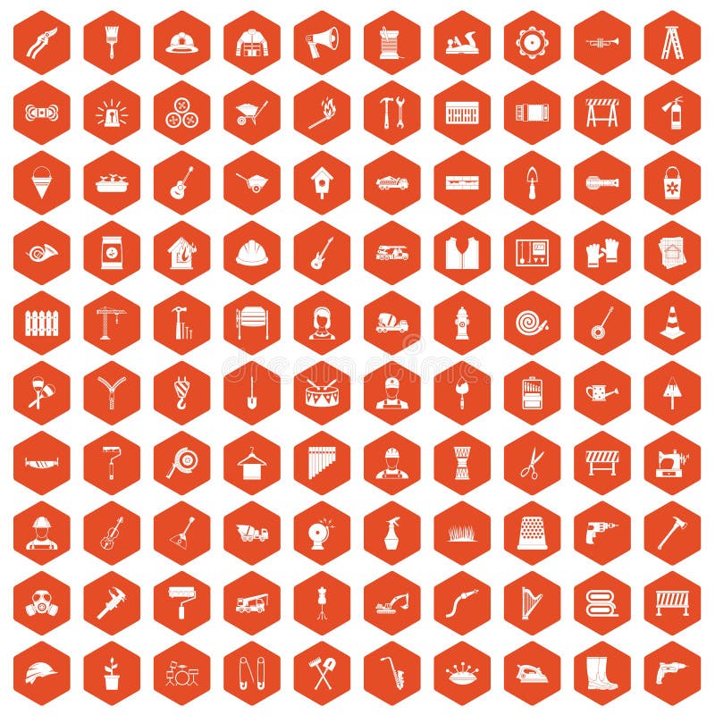 100 Tools Icons Hexagon Orange Stock Vector - Illustration of planer ...