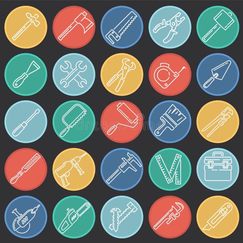 Tools Icons Line Set on Color Circles Black Background for Graphic and ...