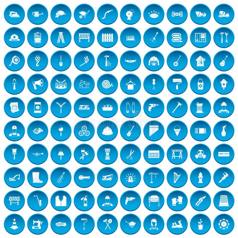 100 tools icons set blue stock vector. Illustration of bucket - 96562326