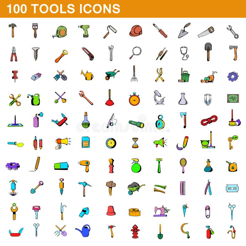 100 Tools Icons Set, Cartoon Style Stock Vector - Illustration of ...