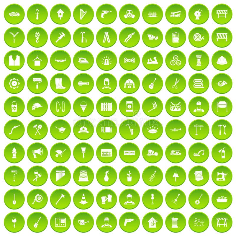 100 tools icons set green stock vector. Illustration of harp - 120213796