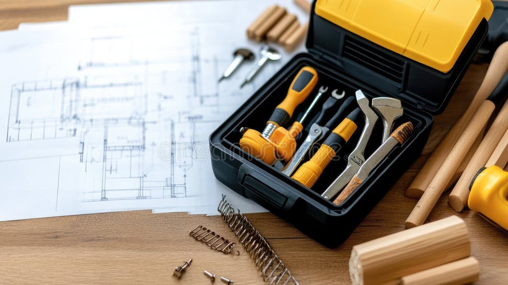 Tools Including Screwdriver Bits and Wood Dowels are Organized in a ...