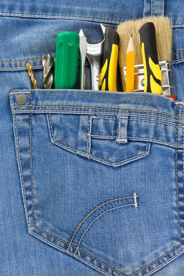 Tools in jeans pocket stock image. Image of pencil, space - 22353169