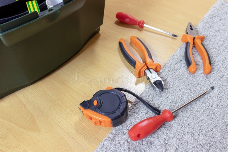 Tools Laid Out on a Room Floor. Construction and Repair Concept Stock ...