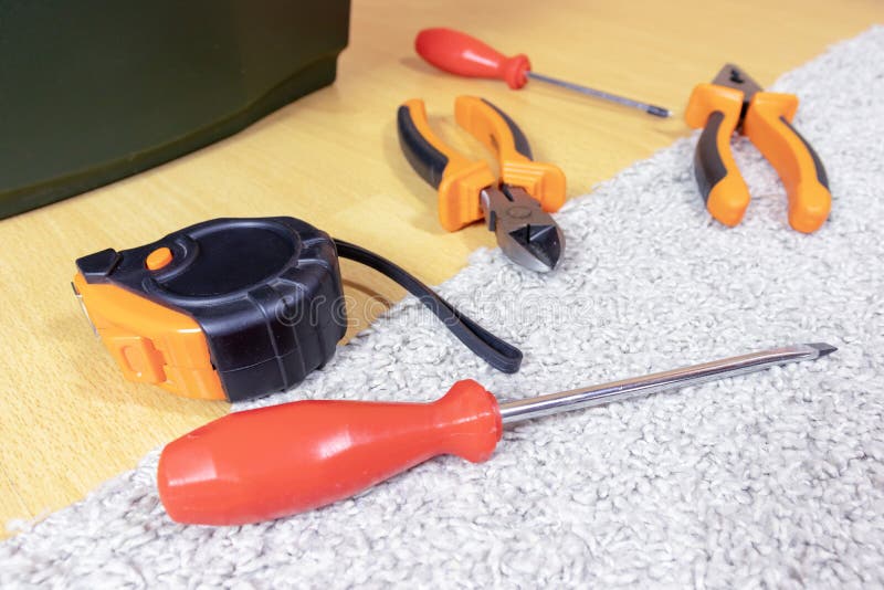 Tools Laid Out on a Room Floor. Construction and Repair Concept Stock ...