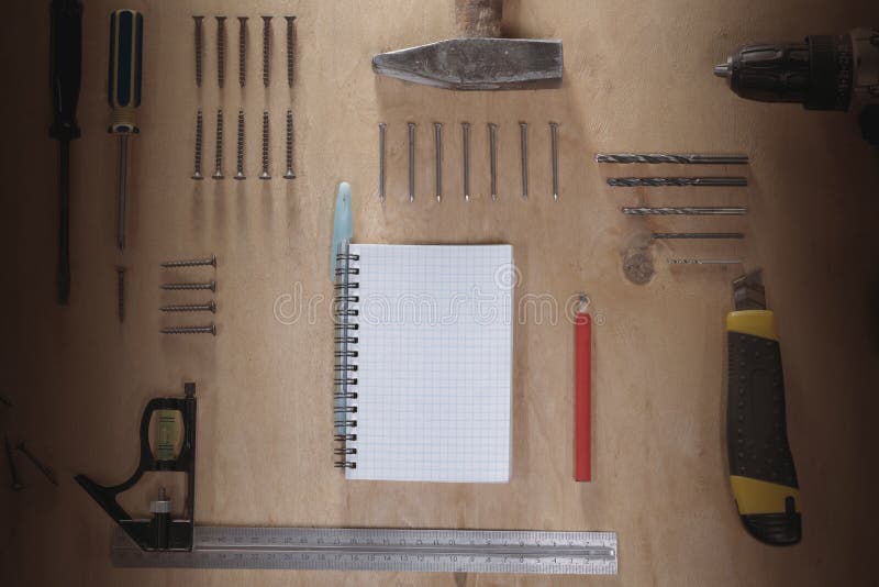 Tools Laid Out on a Wooden Surface Stock Photo - Image of creation ...