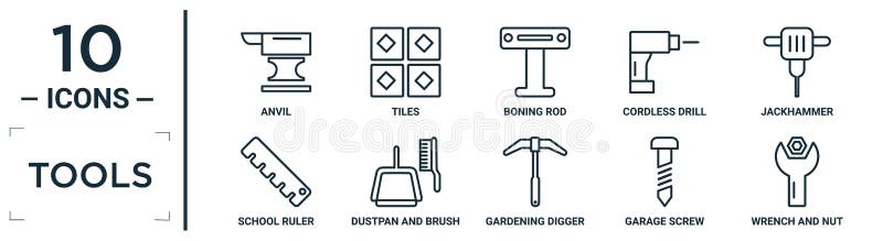 Tools Linear Icon Set. Includes Thin Line Anvil, Boning Rod, Jackhammer ...