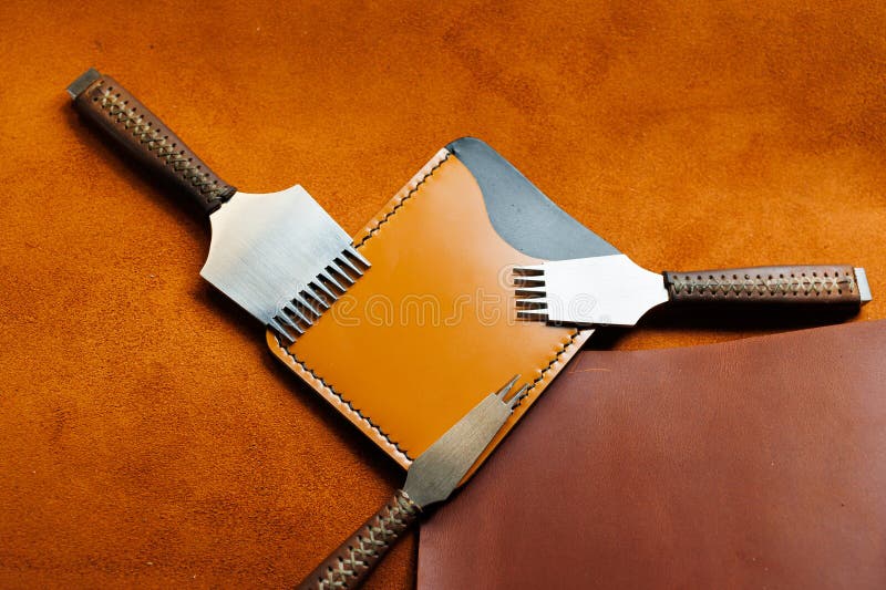 Tools for Making Leather Goods and Pieces of Brown Leather. Production ...