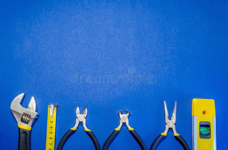 Tools for Master Builder and Accessories on Blue Background Stock Photo ...