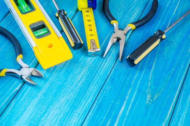 Tools for Master Builder and Accessories on Blue Wooden Vintage ...