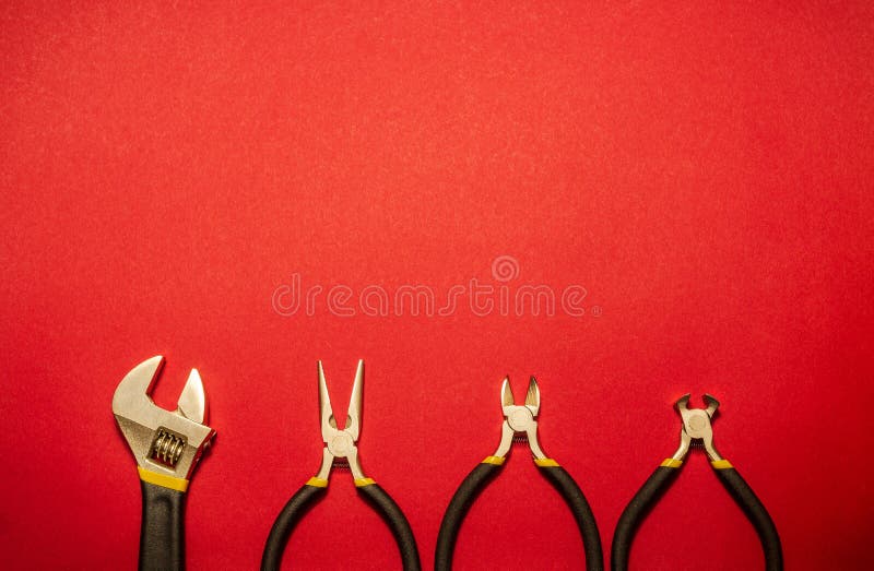 Tools for Master Builder and Accessories on Red Background Stock Photo ...