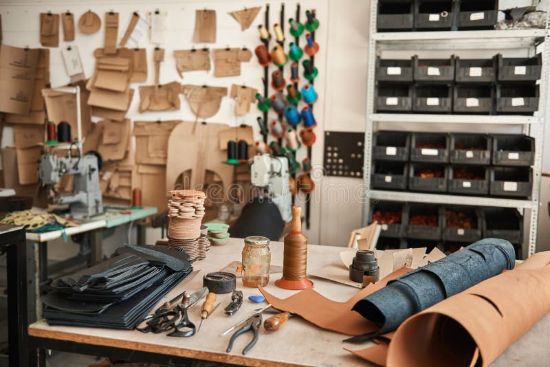 Tools and Material Sitting on a Leather Studio Workbench Stock Image ...