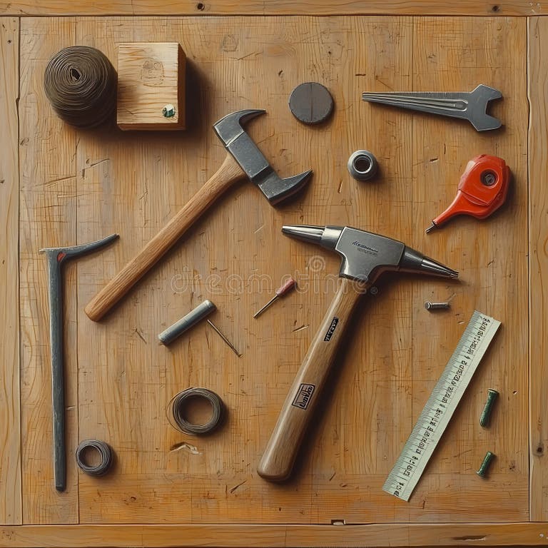 Tools and Materials Arranged on a Wooden Workbench Used for Precise ...