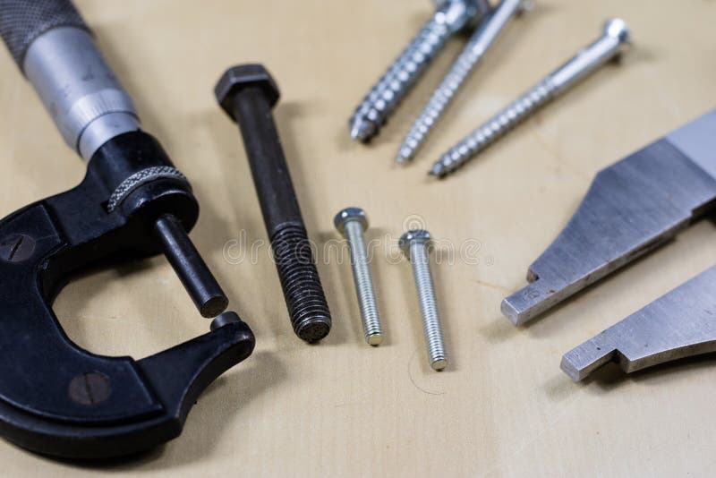 Tools and Measuring Accessories on a Wooden Workshop Table. Making ...