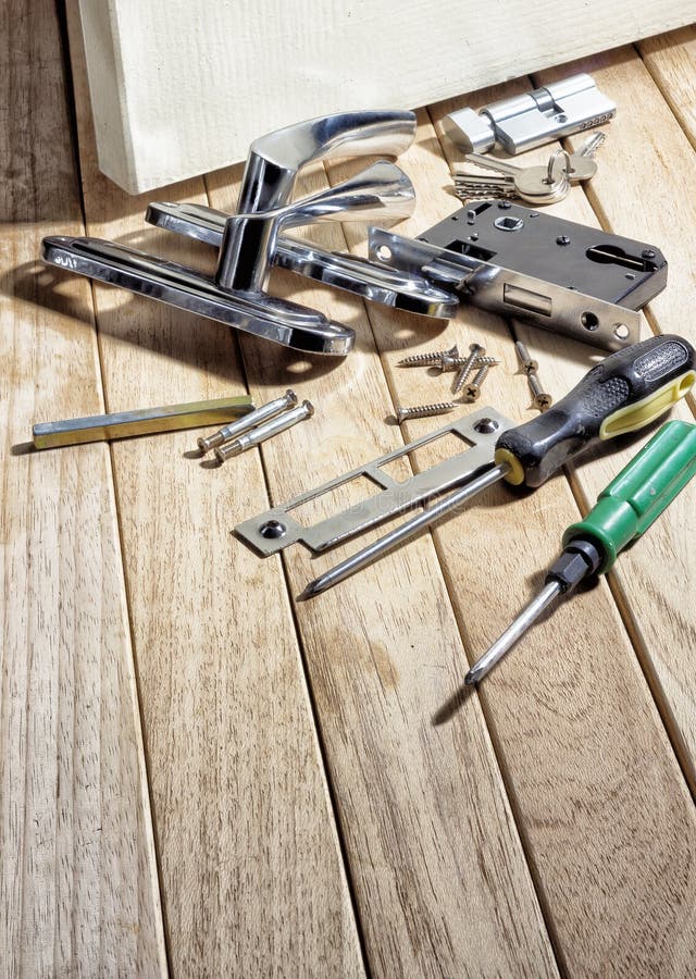 Tools and mortise lock. stock image. Image of front, high - 80079029