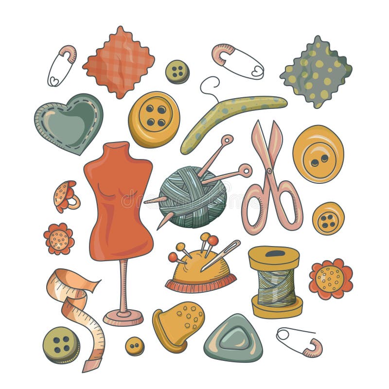Tools for Needlework and Sewing. Needles, Threads, Fabrics, Mannequin ...