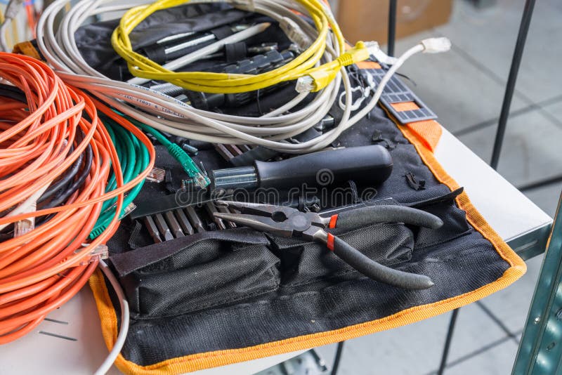 Tools with Network Patch and Fiber Optics Cables with Tools of an it ...
