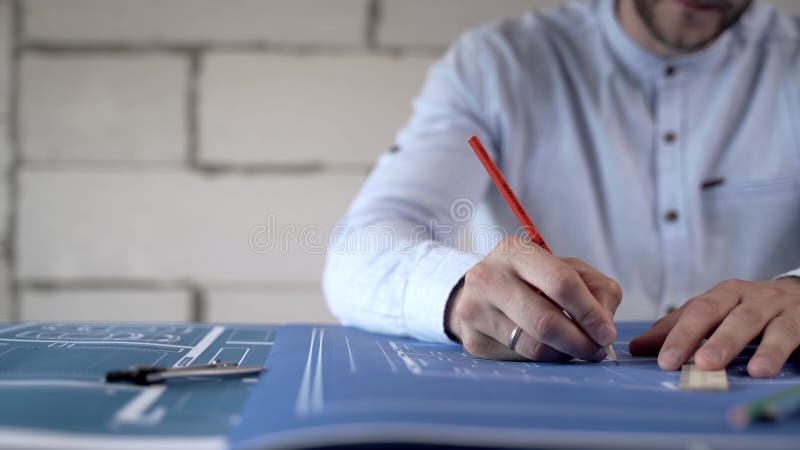 Close Up of Architect Hands Drawing Blueprints Stock Video - Video of ...