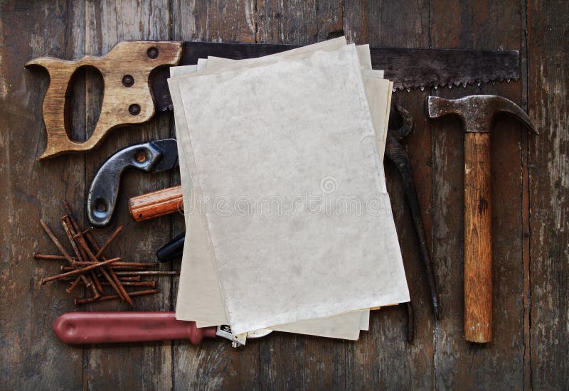 Tools with old paper stock image. Image of plank, spanner - 17989947