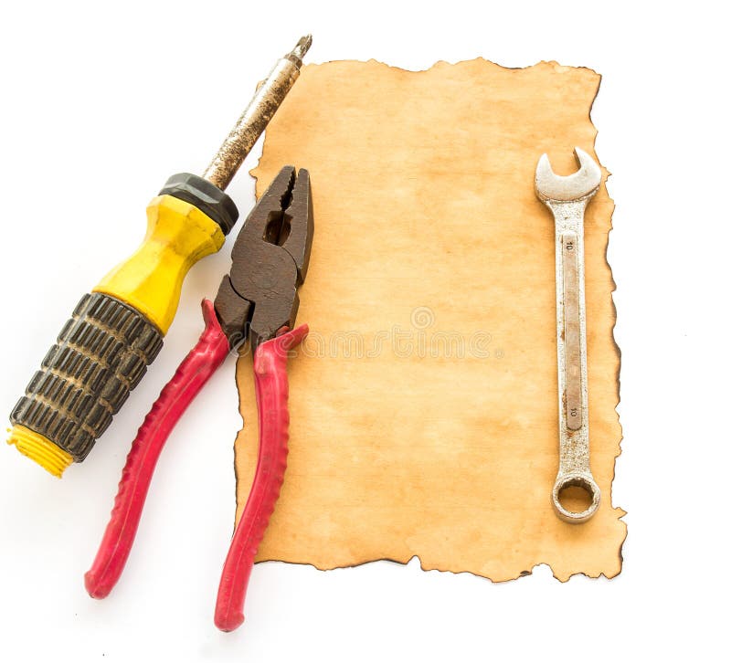 Tools and Old Paper on White Background Stock Photo - Image of ...