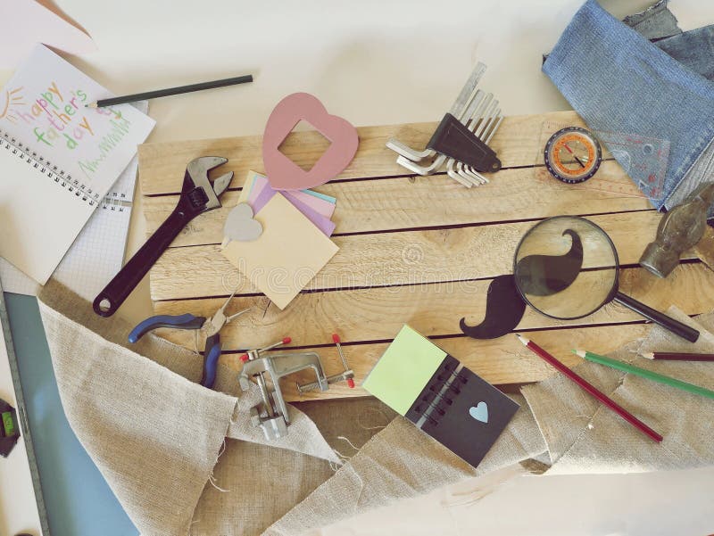 Tools, Paper Mustache, Notepad, Congratulation on a Wooden Table, Top ...