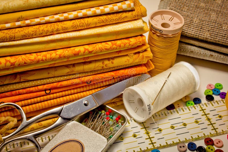 Tools for Patchwork in Yellow Stock Photo - Image of fabric, needle ...