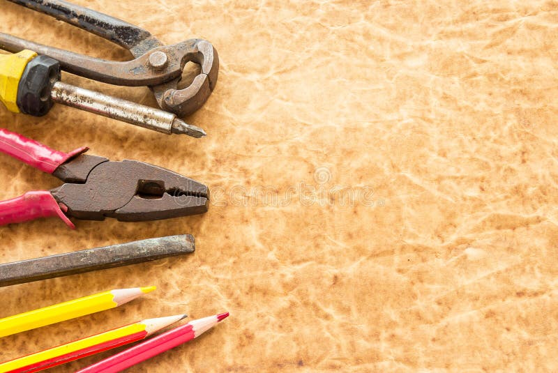 Tools and Pencil on Old Paper Background Stock Image - Image of ...