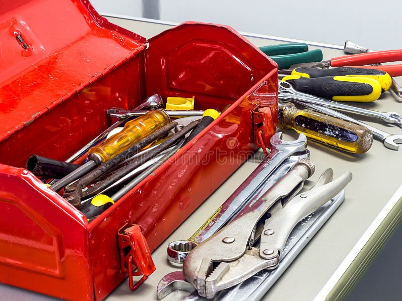 Tools and red tool box stock photo. Image of service - 48422158