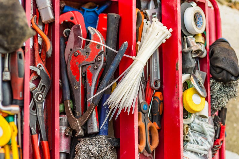 Tools in red toolbox stock photo. Image of worker, ties - 197953574