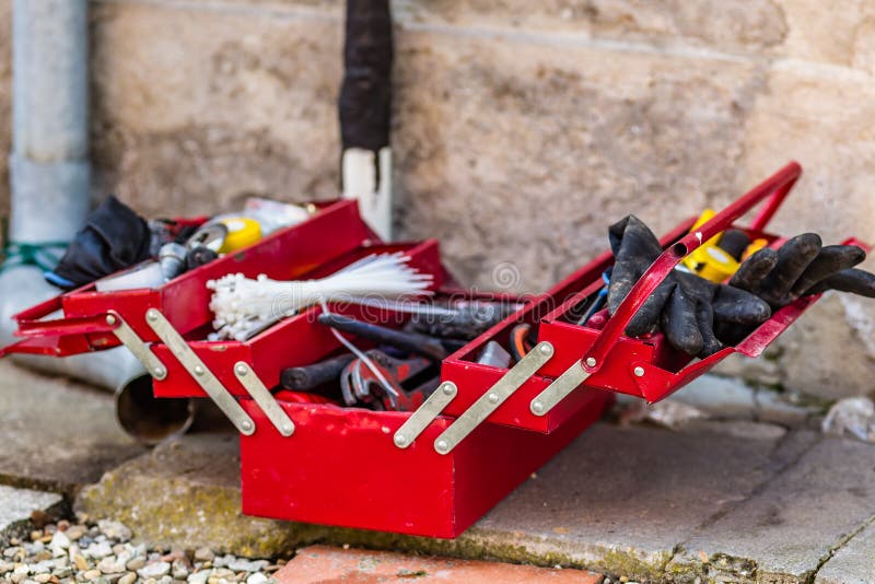 Tools in red toolbox stock image. Image of toolbox, repairs - 197953581