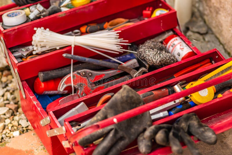 Tools in red toolbox stock photo. Image of toolbox, tools - 197953602