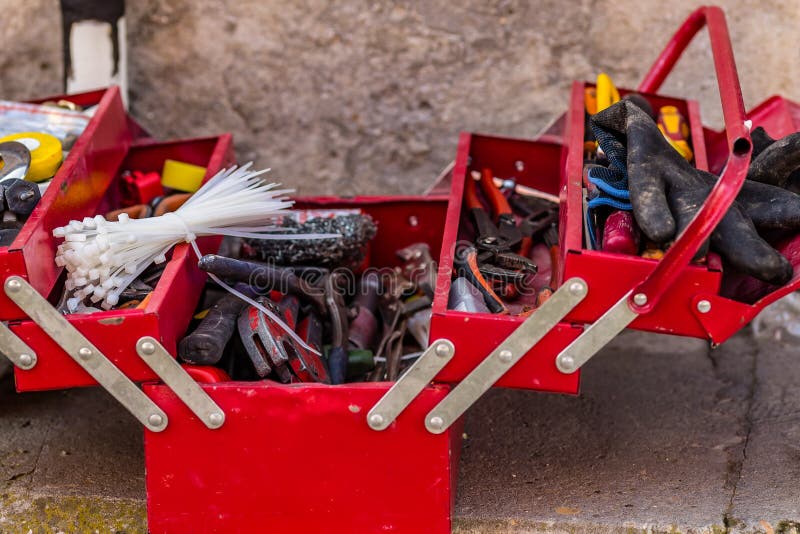 Tools in red toolbox stock image. Image of ties, closeup - 197953823