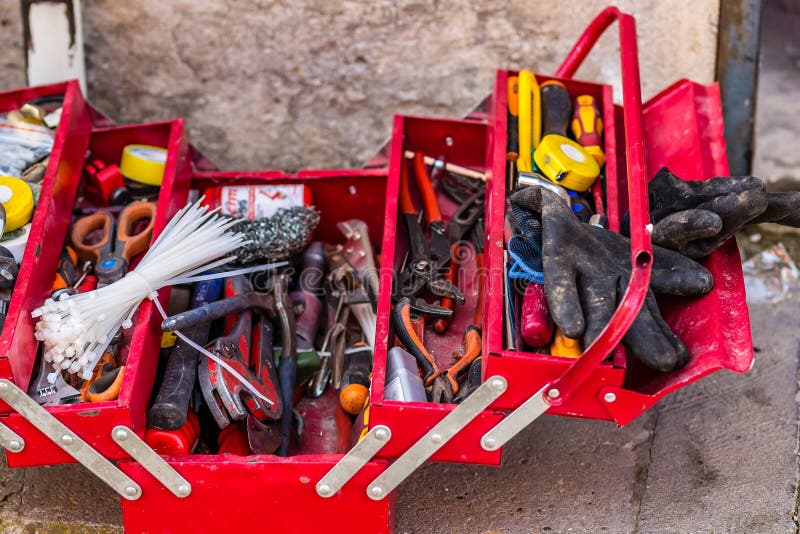 Tools in red toolbox stock photo. Image of plumber, briefcase - 197953856