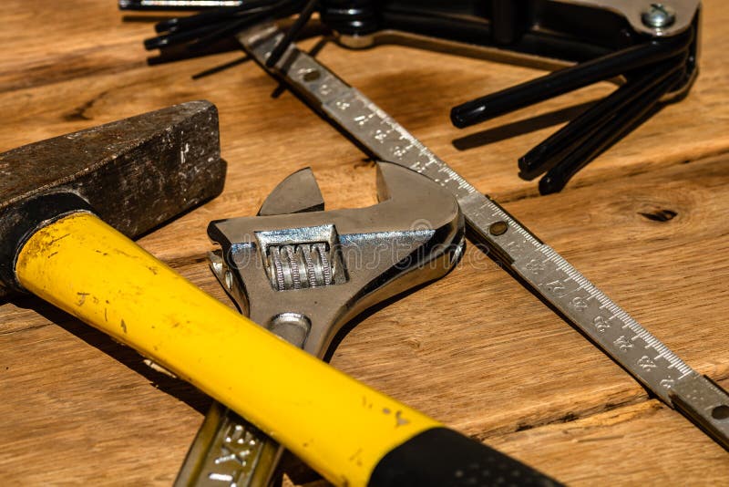 Tools for Repair and Building. Hummer, Adjustable Spanner, Ruler Stock ...