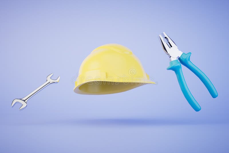 Tools for Repair Work. Protective Helmet, Pliers and Wrench on a Blue ...
