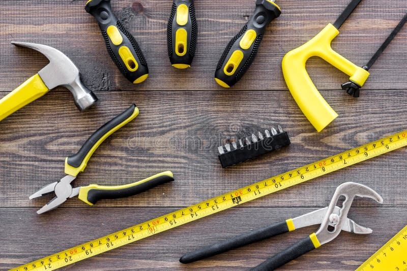 Tools for Repairing on Wooden Desk Background Top View Stock Photo ...