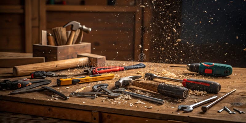 Tools Scattered on a Wooden Workbench with Wood Shavings and a Drill at ...