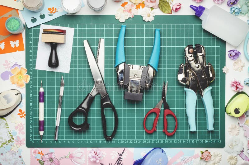 Tools for Scrapbooking and Creativity on Green Cutting Mat Stock Photo ...