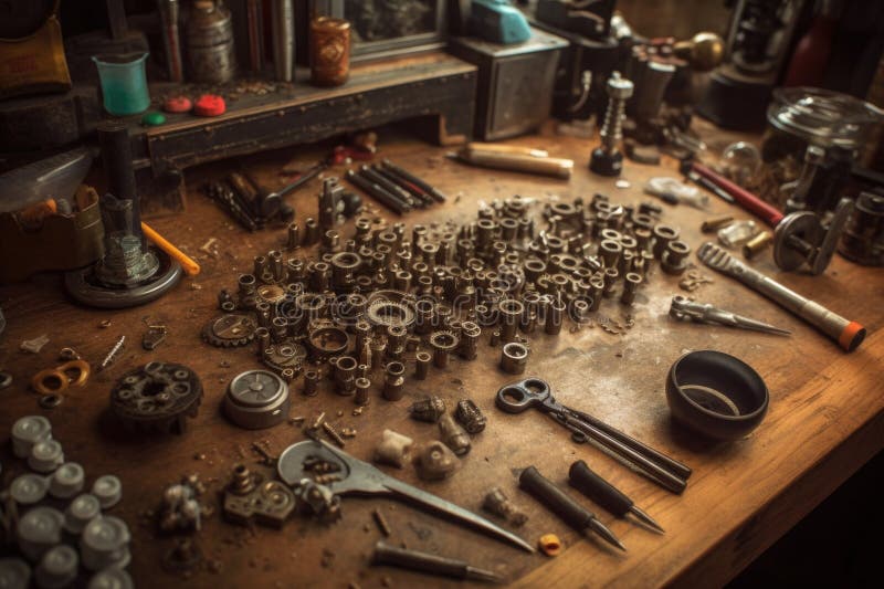 Tools, Screws, and Small Bike Parts on Workshop Table Stock ...