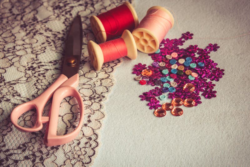 Tools Sewing, Scissors and Thread, Vintage. Stock Image - Image of ...