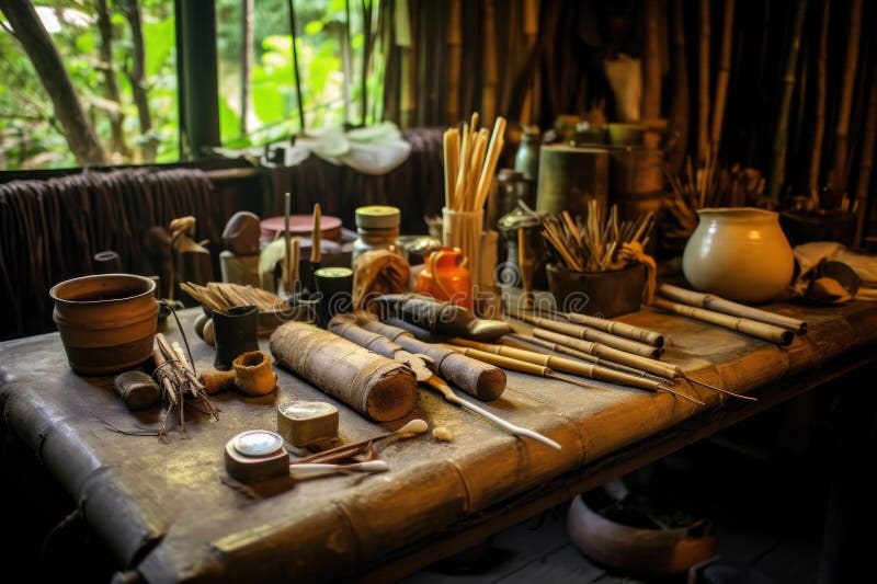 Tools for and Shaping Bamboo on Worktable Stock Illustration ...