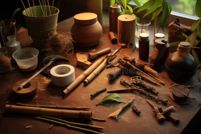 Tools for and Shaping Bamboo on Worktable Stock Illustration ...