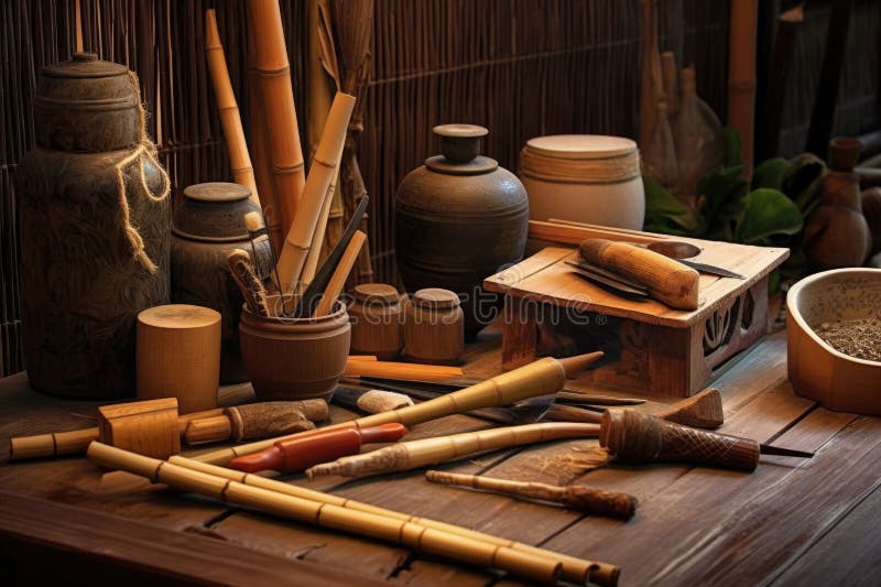 Tools for and Shaping Bamboo on Worktable Stock Illustration ...