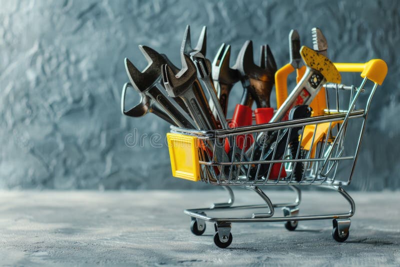 Tools in a Shopping Cart on a Table, Perfect for DIY Projects Stock ...