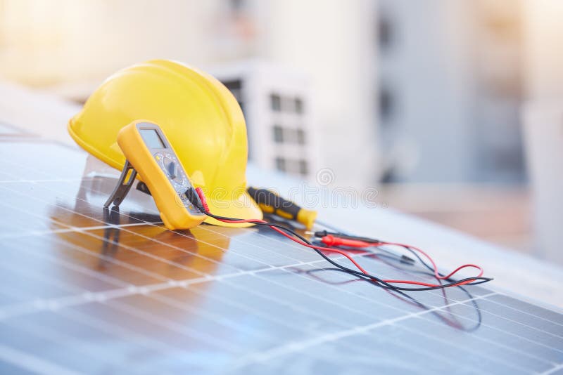 Tools, Solar Panels or Helmet on Roof for Solar Energy Installation in ...