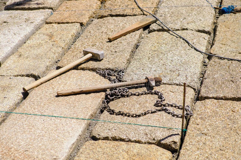 Tools for Stone Construction with Granite Ashlars, Masonry Concept ...