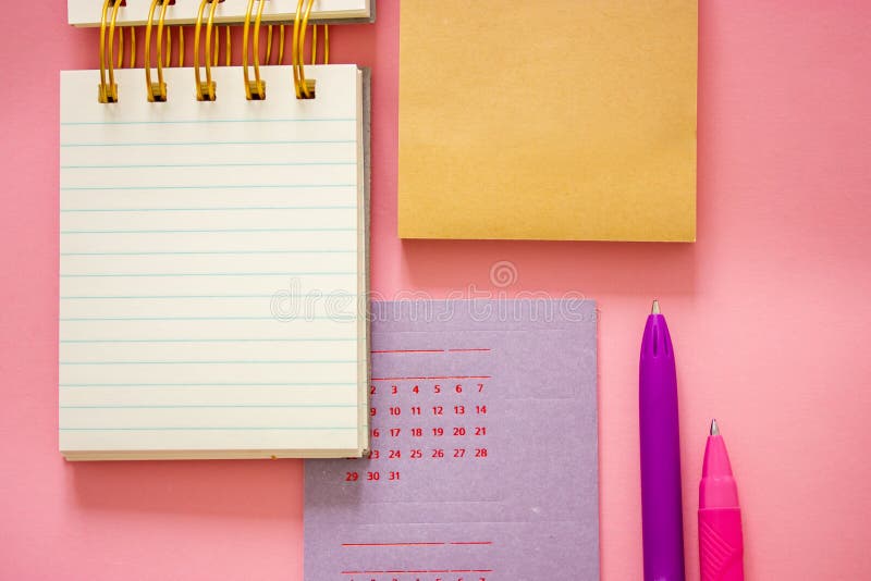 Tools for Study in School. Calendar Notebook Ballpoint Pens on Pink ...