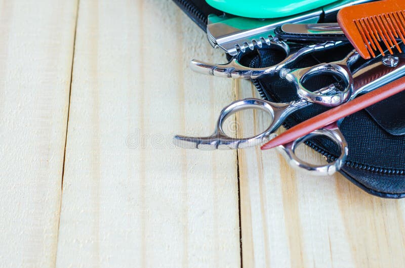 Tools of Stylists Hairdesign in Black Case on Wooden Stock Image ...