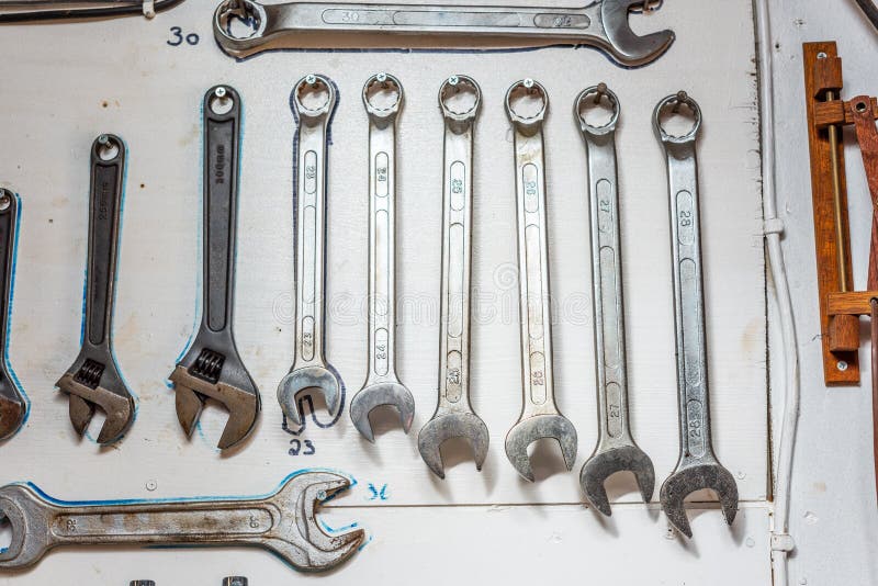 Tools Systematically Arranged on a Wall Stock Image - Image of hammer ...