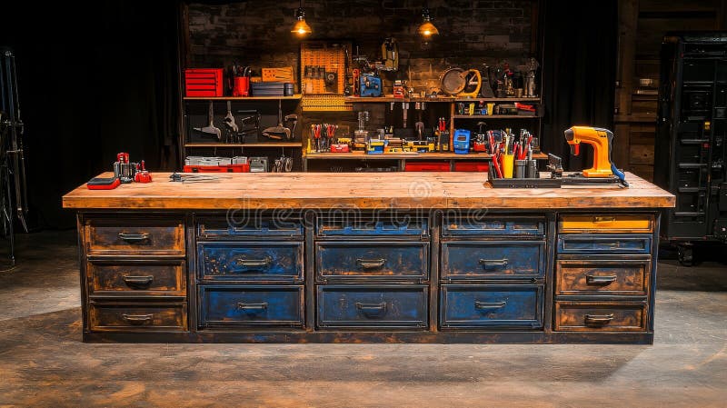 Tools and a Table with a Black Surface in a Garage Stock Photo - Image ...